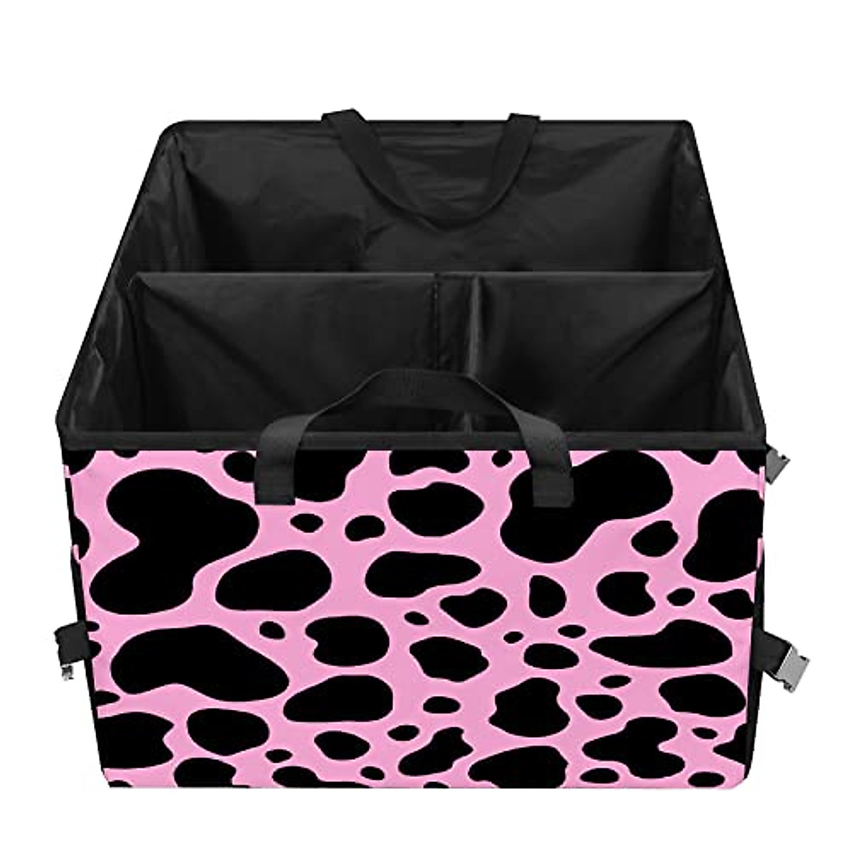 Car Trunk Organizer Pink And Black Cow Print Spot Car Back Seat Large Storage Organizer with 3 Divider Compartments Collapsible Trunk Cargo Organizer Groceries Tote for SUV Truck Camping Picnic