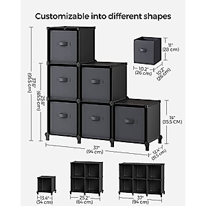 SONGMICS Cube Storage Organizer with Storage Boxes, 6-Cube Organizer, 6 Collapsible Non-Woven Fabric Bins, Customizable Shape, Bedroom, Living Room, Space-Saving, Black and Gray ULPC062B01