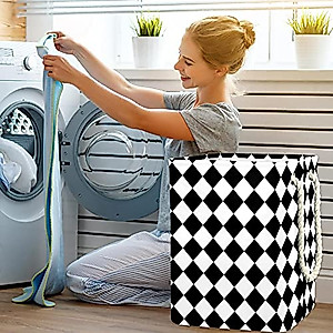 Art Black White Square Checkerboard Large Laundry Hamper With Easy Carry Handle, Waterproof Collapsible Laundry Basket For Storage Bins Kids Room Home Organizer