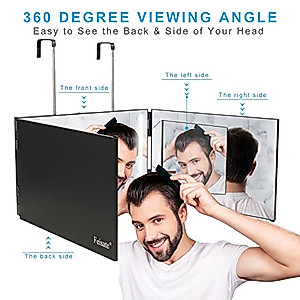 Feisate Barber Mirror Self Cut with LED Lights, 3 Way Mirror for Hair Cutting, 360 Mirror for Haircuts for Men&Women, Self Haircut Mirror to See Back of Head, Three Way Hair Mirror
