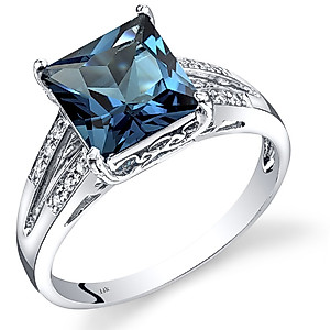 PEORA 14K White Gold London Blue Topaz and Diamond Ring for Women, 3 Carats Princess Cut 8mm, Elegant Cathedral Design, Natural Gemstone Birthstone, Size 7