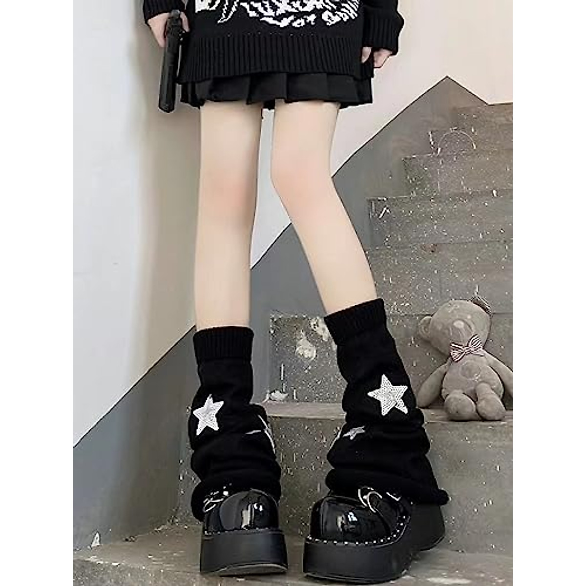 Attria Y2k Star Pattern Knitted Leg Warmers Socks Punk Japanese Kawaii Streetwear Leg Cover for Women Knee High Leg Socks (Black,one size)