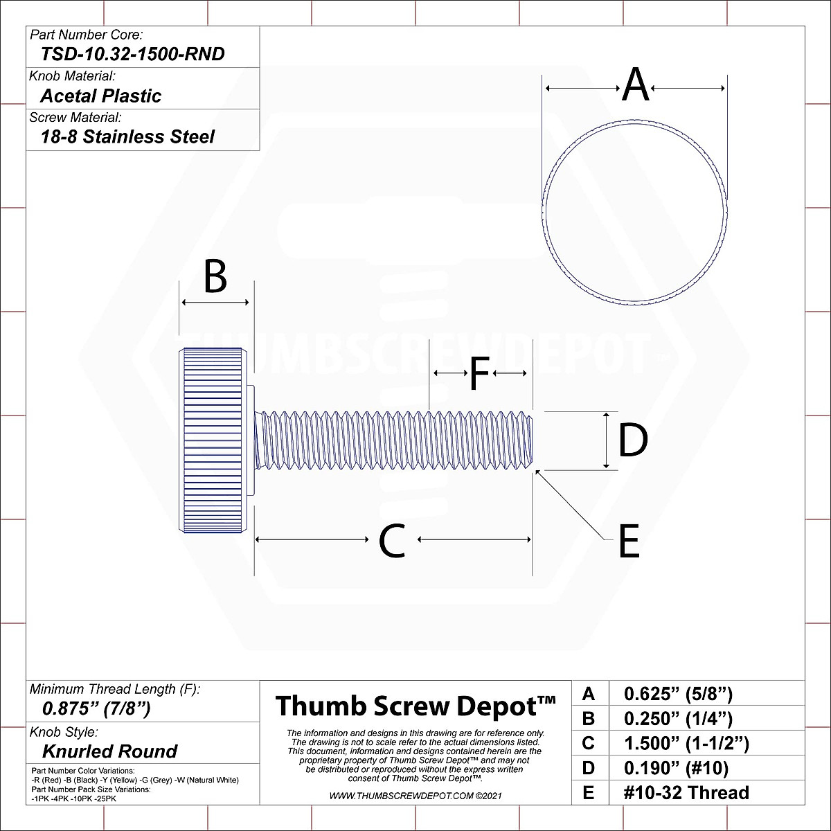 #10-32 x 1-1/2" Thumb Screw Stainless Steel - Black Knurled Round Plastic Knob - Fine Thread Thumbscrew - Length: 1.500" - Proudly Built in USA - Package of (4)
