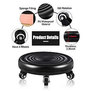 Lanstics Low Roller Seat Short Stools with Wheel Chair PU Leather Rolling Stool Seats Universal Wheels for Home Office Fitness Round Roller Seat Stool (Black)