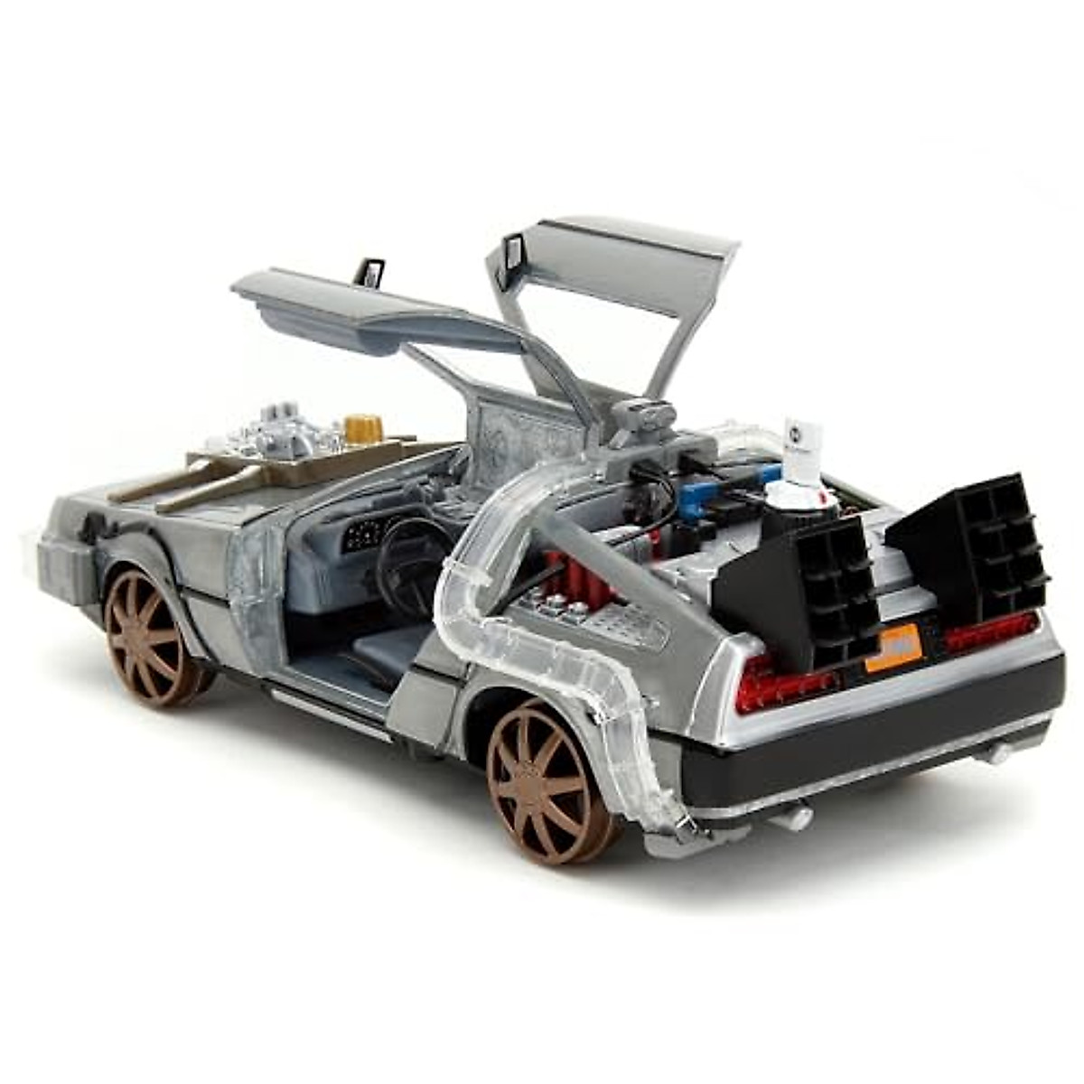 Delorean Brushed Metal Time Machine (Train Wheel Version) with Lights Back to The Future Part III (1990) Movie Hollywood Rides Series 1/24 Diecast Model Car by Jada 34996