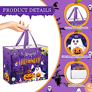Large Halloween Party Gift Bag, Purple Halloween Paper Bags with Handle Halloween Tissue Paper Cute Pumpkin Skeleton Ghost Halloween Birthday Party Favors Decor for Trick or Treat Party Supplies