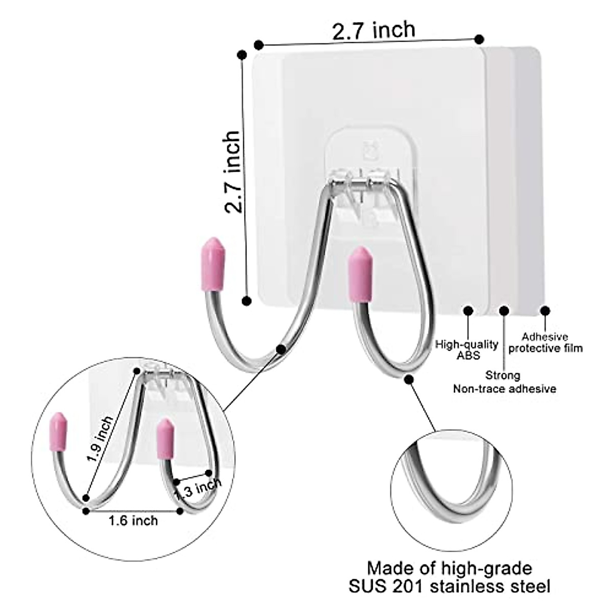 CGBE Adhesive Hooks, 5PCS Wall Hooks for Hanging Heavy Duty 13LB Clear Seamless Dual Head Self Sticky Hooks, Waterproof and OilProof Large Removable Hooks for Kitchen Bathroom Shower Use