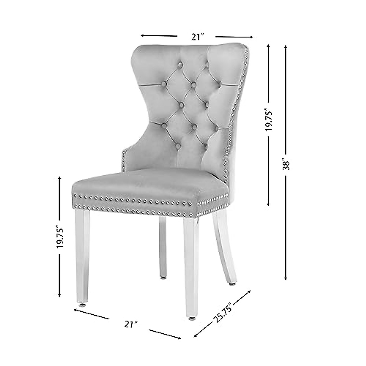 Creek Vista Velvet Dining Chairs Set of 2, Upholstered Tufted Dining Room Chairs, Stylish Stainless Steel Legs Chairs for Dining Room with Ring Pull, Grey