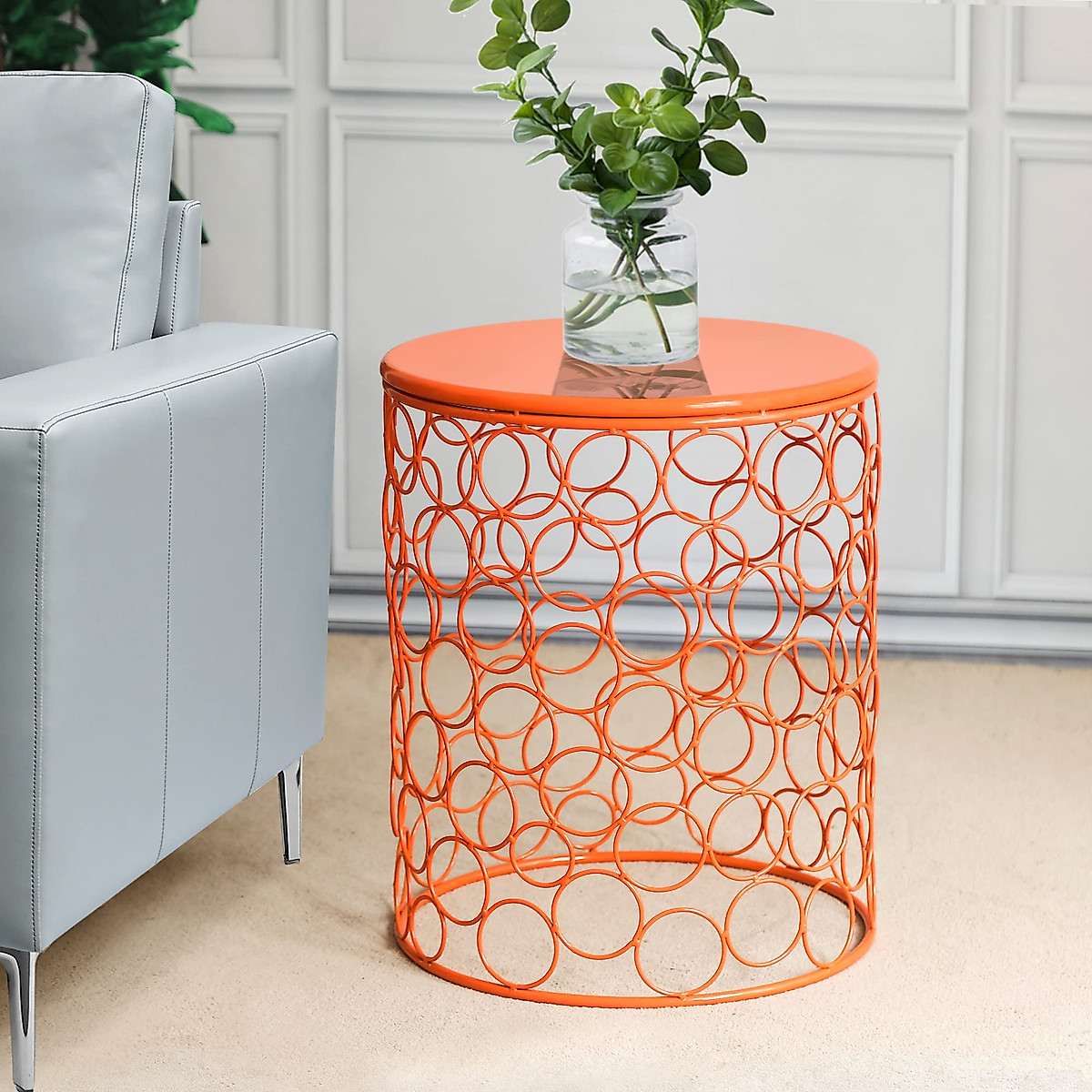 Adeco Home Garden Accents Circle Wired Round Iron Metal Nesting Stool Side End Table Plant Stand, Bubble Pattern, Orange Red, Set of Two