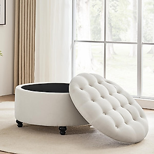 HUIMO 30-Inch Round Storage Ottoman, Modern Button Tufted Coffee Table with Removable Top, Upholstered Ottoman with Storage Footrest Stool for Living Room, Bedroom and Office(Ivory)