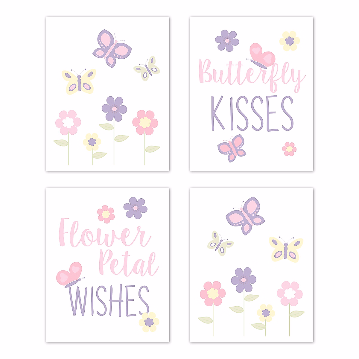 Sweet Jojo Designs Butterfly Wall Art Prints Room Decor for Baby, Nursery, and Kids - Set of 4 - Pink and Purple Floral Flower Garden Kisses and Wishes