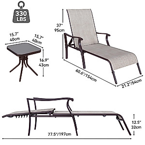 YITAHOME Outdoor Chaise Lounge Chair Set of 3, Aluminum Patio Lounge Chair with Side Table and 5 Adjustable Positions, Textile Pool Chaise Lounger for Outdoor, Patio, Beach, Yard (Beige)