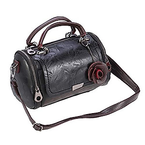 TENDYCOCO Crossbody Bag Boston Barrel Handbag with Flower Pendant for Women (Black)