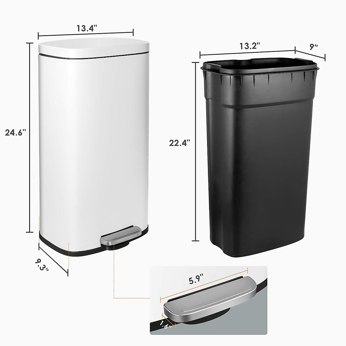 AthLike Trash Can, Stainless Steel Kitchen Garbage Can, Step Waste Bin with Hinged Lid and Removable Inner Bucket, Soft-Close, Dustbin for Bathroom Bedroom Living Room Home (White, 8 Gal)