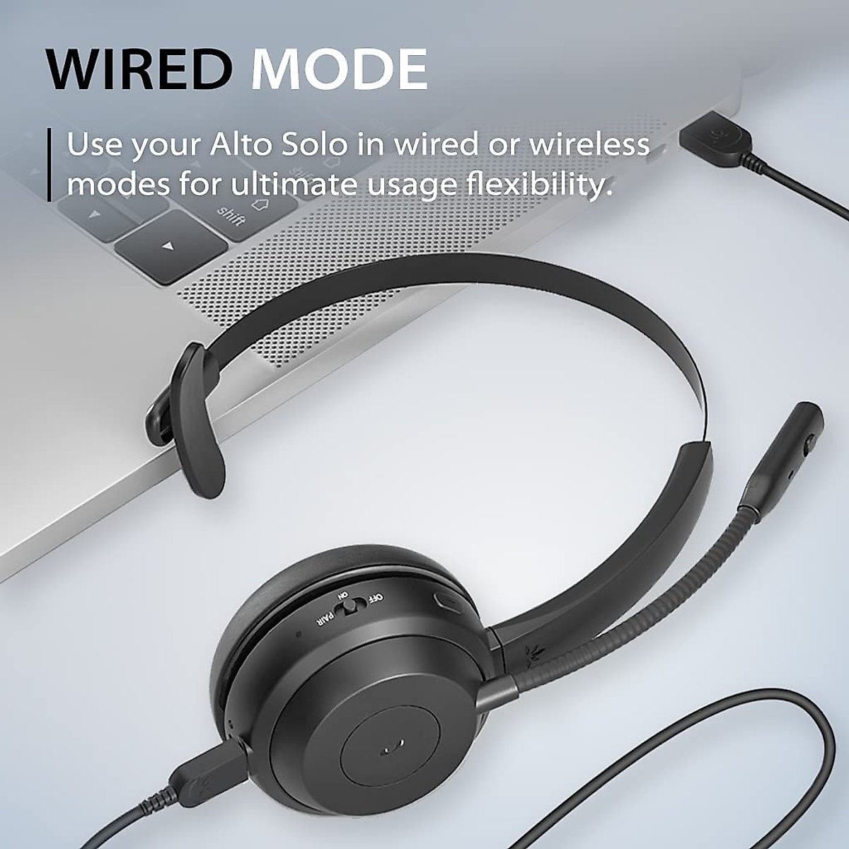 Avantalk Alto Solo - Wireless Headset with Mic for Work with Qualcomm Bluetooth Solution, CVC Noise-Canceling for PC, Computer & Laptop, Charging Stand, Mute Button, Wired Headphones Option