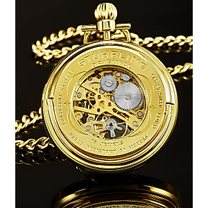 Stuhrling Original Men's Pocket Watch Stainless Steel Analog Skeleton Watch Hand Wind Mechanical Movement Stainless Steel Chain (Silver) (Gold)