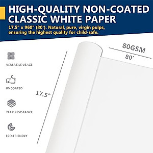 PerkHomy White Kraft Paper Roll 17.5" x 960" (80') for Gift Wrapping Bouquet Flower Kids Art Painting Craft Writing Packaging Shipping 80GSM 55LB (White, 17.5" x 80')