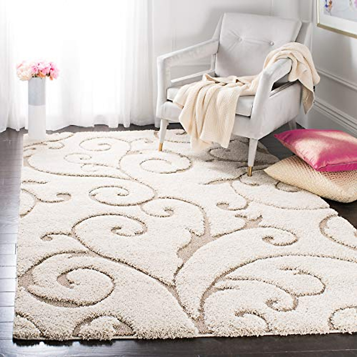 SAFAVIEH Florida Shag Collection Accent Rug - 4' x 6', Cream & Beige, Scroll Design, Non-Shedding & Easy Care, 1.2-inch Thick Ideal for High Traffic Areas in Foyer, Living Room, Bedroom (SG455-1113)