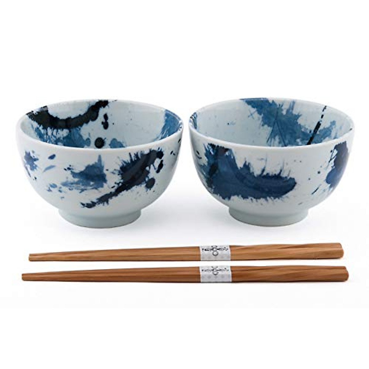 Ebros Gift Made In Japan Blue Splash Paint Abstract Art Design Porcelain Bowls With Bamboo Chopsticks Set Of 2 For Salad Ramen Pho Soup Cereal Home Kitchen Decorative Japanese Artistic Bowl