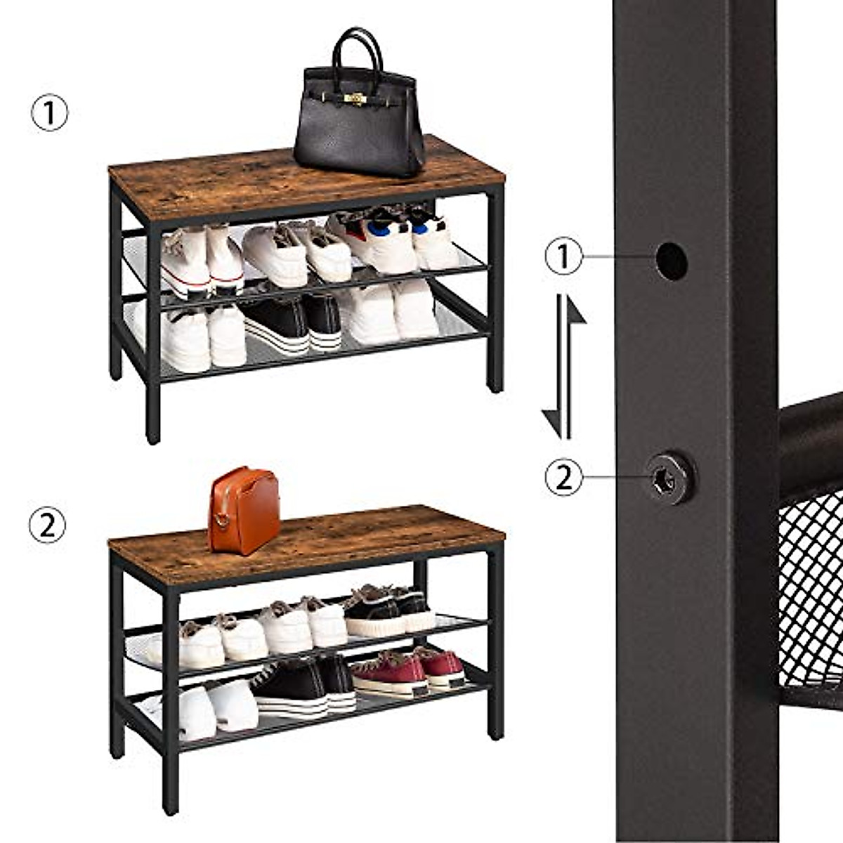 HOOBRO Shoe Bench, 3-Tier Shoe Rack, Industrial Shoe Organizer Storage Bench, 29.5 inches Flat and Slant Adjustable Mesh Shelves, for Entryway, Living Room, Hallway, Rustic Brown BF01HX01