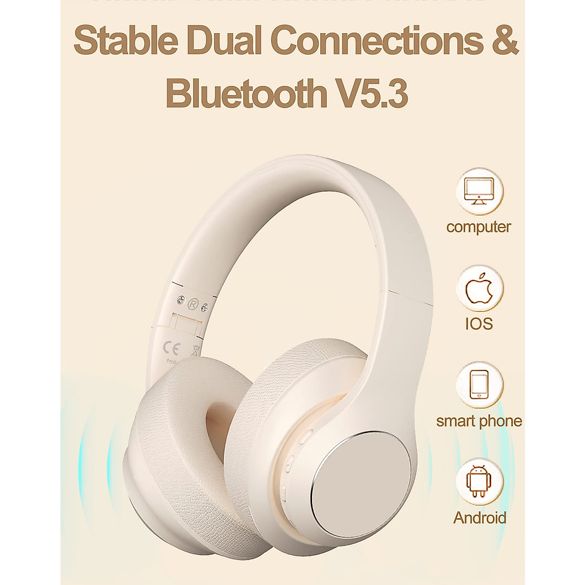 Intoberp Wireless Bluetooth Headphones Over Ear, 40 Hours Playtime Wireless Headphones with Microphone,Foldable Light Weight Headset with HiFi Stereo Sound for Travel Work (Beige)