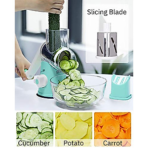 X Home Rotary Cheese Grater Kitchen Mandoline Vegetables Slicer Cheese Shredder with Rubber Suction Base, 3 Stainless Drum Blades Included, Easy to Use and Clean,Blue
