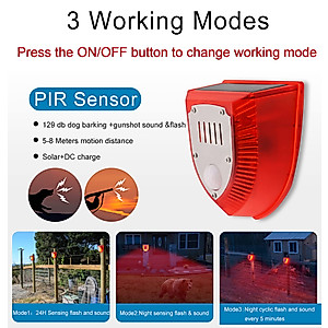 LAFEINA Solar Motion Sensor Light & Sound Alarm, 129dB Gunshot & Dog Barking Sound & Strobe Light Security Alarm Siren for Garden Farm Villa