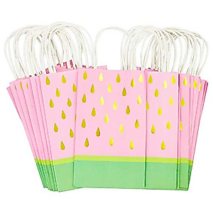 Watermelon Birthday Party Favor Gift Bags with Handles (9 x 5 x 3 in, Pink with Gold Foil)