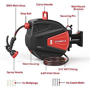 Ecomax ELG01 1/2in. x 100ft Garden Hose Reel, Retractable Reel Storage with Any Length Lock, Slow Return System, 9 Patterns Adjustable, Wall-mounted & 180° Swivel Bracket for Watering, Black & Red