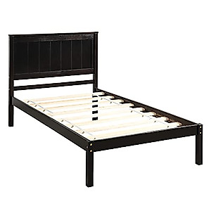 JCSTEU Twin Bed Platform Bed Frame with Headboard, Wood Frame Bed No Box Spring, Wood Slat Support Platform Bed Easy Assembly, Espresso
