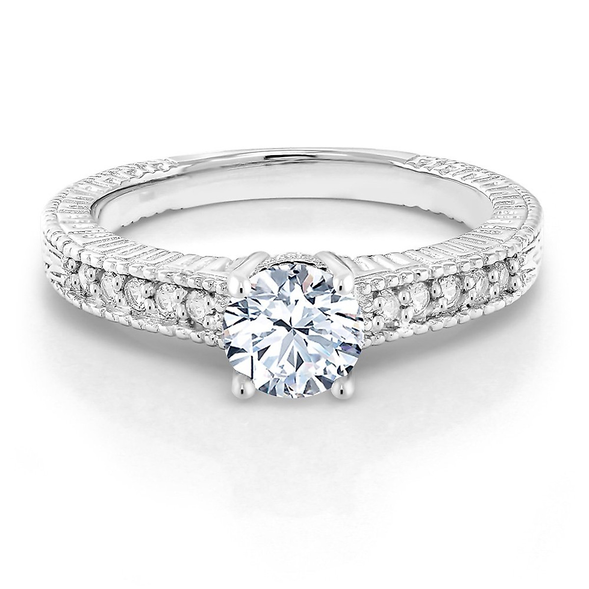 Gem Stone King 925 Sterling Silver White Created Sapphire Women's Engagement Ring (1.35 Cttw Round Cut, Available in size 5, 6, 7, 8, 9)