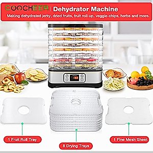 8 Trays Food Dehydrator Machine, Dehydrators for Food and Jerky, Food Dehydrator Machine with Fruit Roll Sheet for Meat, Herbs, Upgraded Digital Timer and Temperature Control | BPA Free | 400 Watts