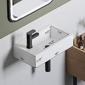 Small Bathroom Sink, HOROW 18" x10" Wall Mount Sink Rectangle White Porcelain Ceramic Vessel Sink for Tiny Bathrooms (Left Hand)