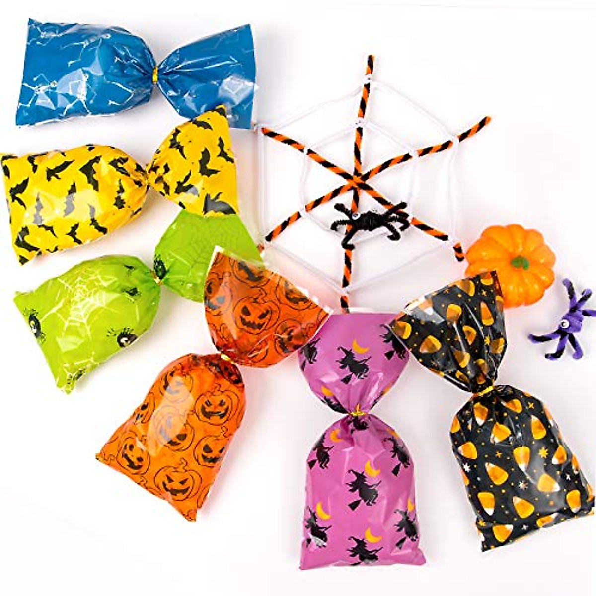 Whaline 150Pcs Halloween Cello Bags Cellophane Bags 6 Design with Twist Tie Candy Treat Bags Sweet Bags Pumpkin Spider Bat Bone Gift Bags Orange Party Favors for Halloween Day Table Decor