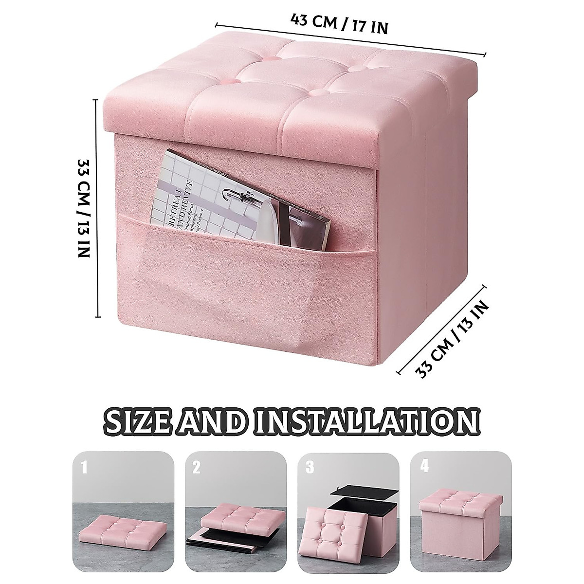Storage Ottoman Foot Stool, 17 inches Folding Ottoman with Storage, Velvet Storage Bench with Side Pocket, Foot Rest for Living Room, Bedroom, Pink