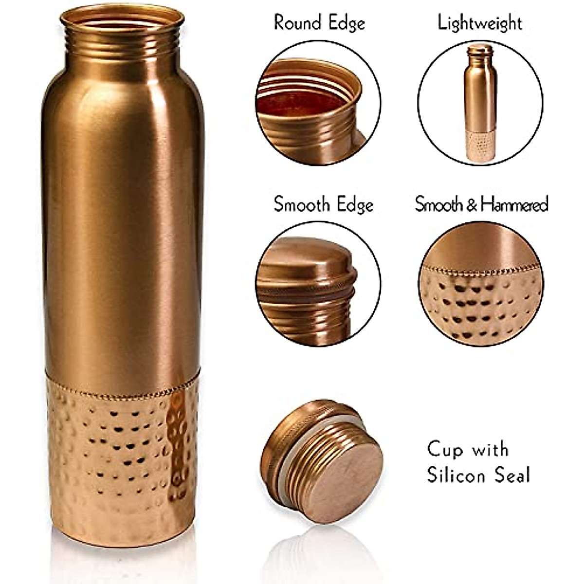 Copper Water Bottle 34 Oz - Half Hammered Design - an Ayurvedic Copper Vessel - Pure Copper Bottle for Drinking Water - Drink More Water - Leak Proof - Large