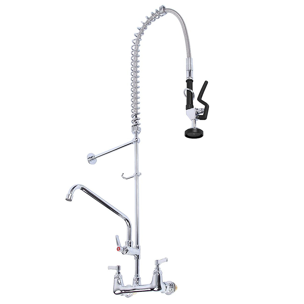 Youwise Commercial Pre-Rinse Faucet with Sprayer 8" Center 47" Height Wall Mounted Kitchen Sink with Pull Down Sprayer and 12" Add-on Spout for Home Restaurant Industrial Black