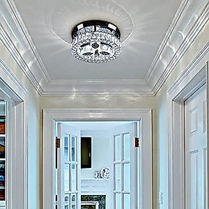 Finktonglan 11.6” Crystal LED Ceiling Light Flush Mount, Modern 30W Round Ceiling Lamp K9 Crystal Light Fixtures, Stainless Steel Leaf Crystal Chandelier for Dining Room Living Room (Cool White)