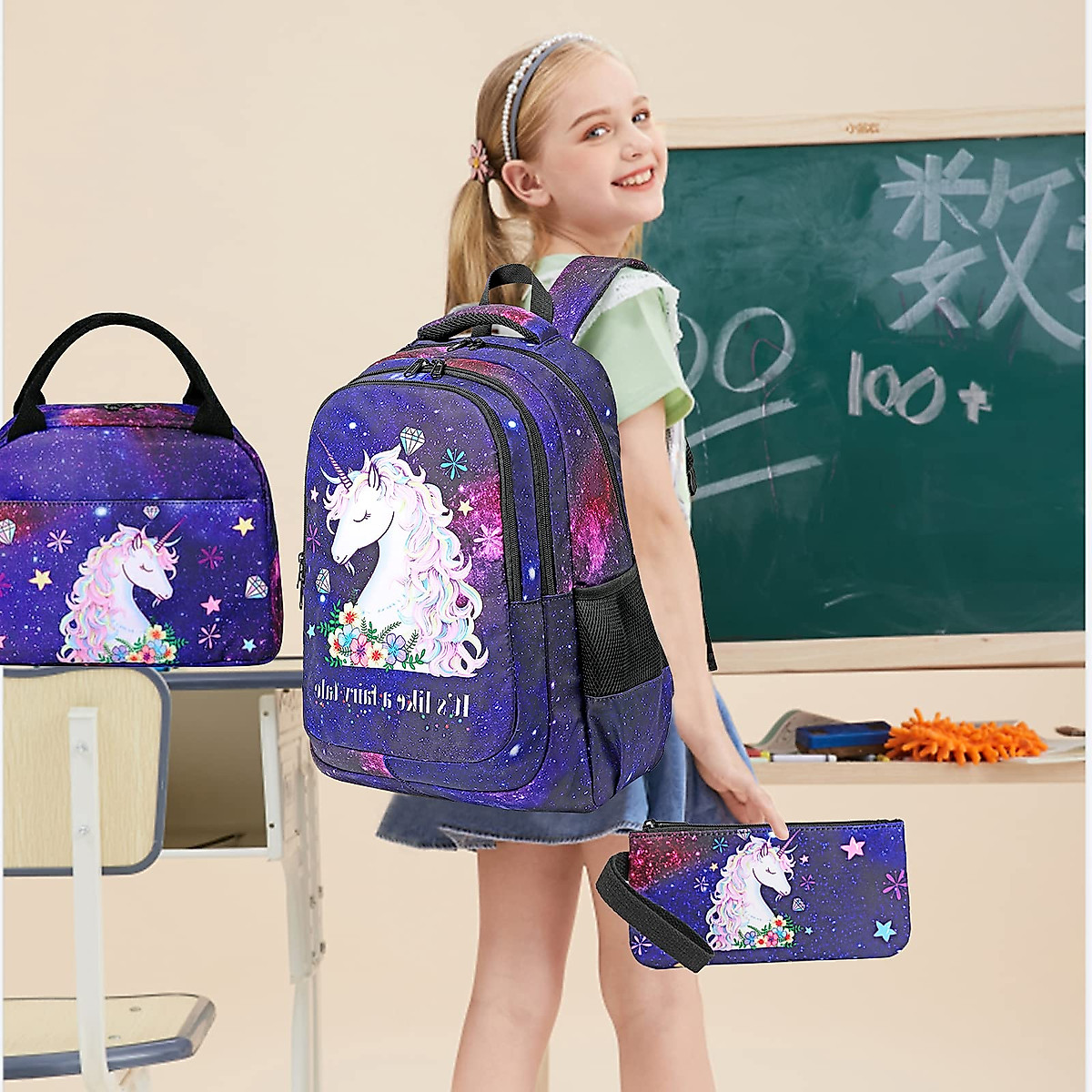 Girls Backpack for Kids Elementary Galaxy Bookbag Girly School bag with Insulation lunch Bag Children Laptop Bag (Galaxy space - Blue-3 pieces)