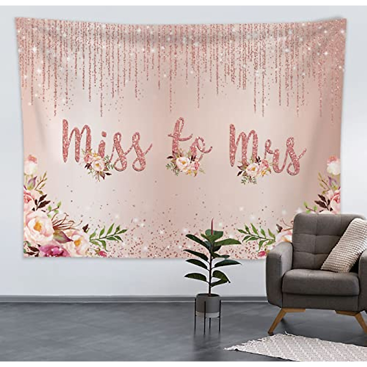 Maijoeyy 7x5ft Rose Gold Miss to Mrs Backdrop Golden Glitter Pink Floral Bridal Shower Backdrop for Pictures Wedding Shower Bride to Be Engagement Backdrop for Party Decorations Banner