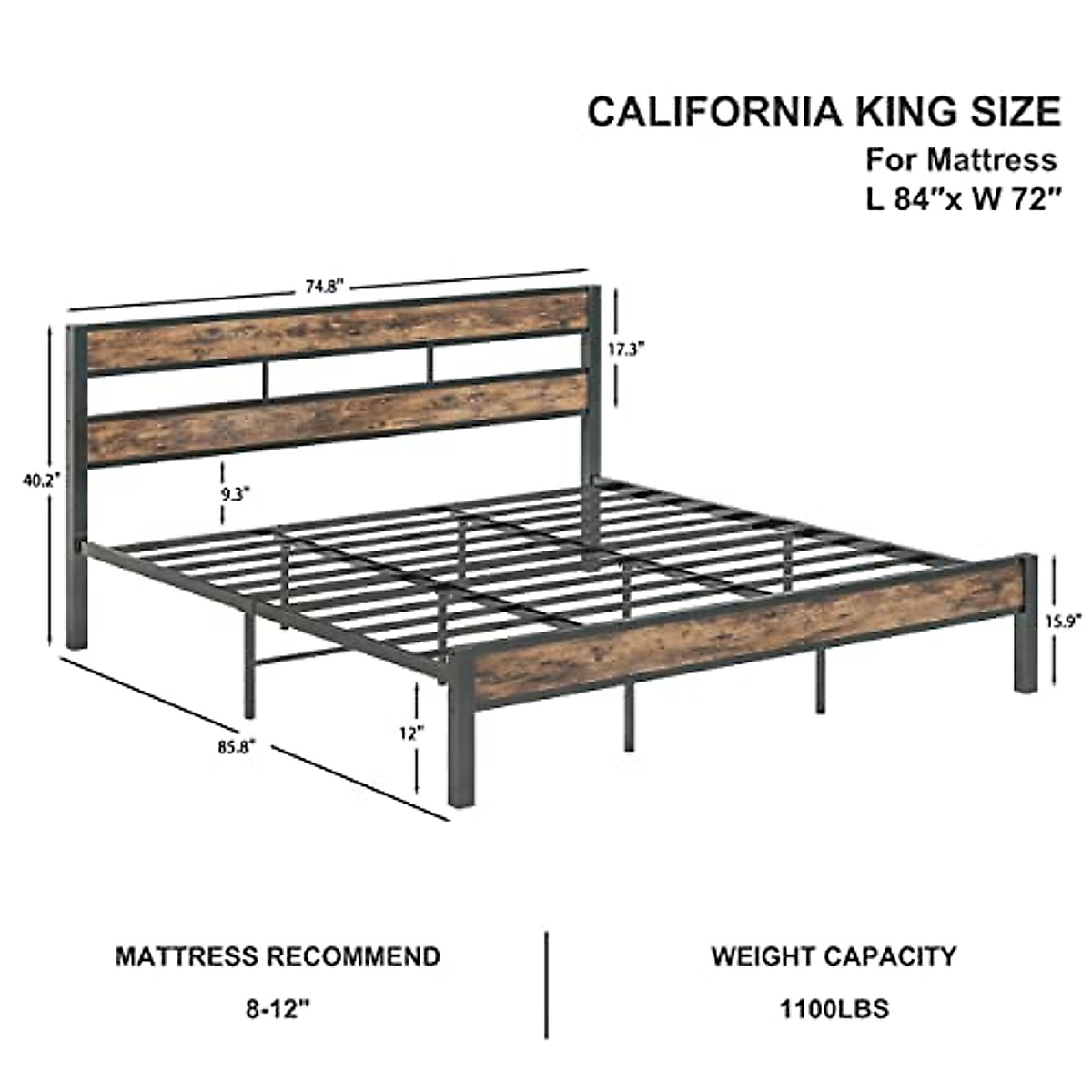 LIKIMIO California King Bed Frames, Easy Assembly, Noise-Free, No Box Spring Needed, Heavy Strong Metal Support Frames, Cal King/Vintage Brown