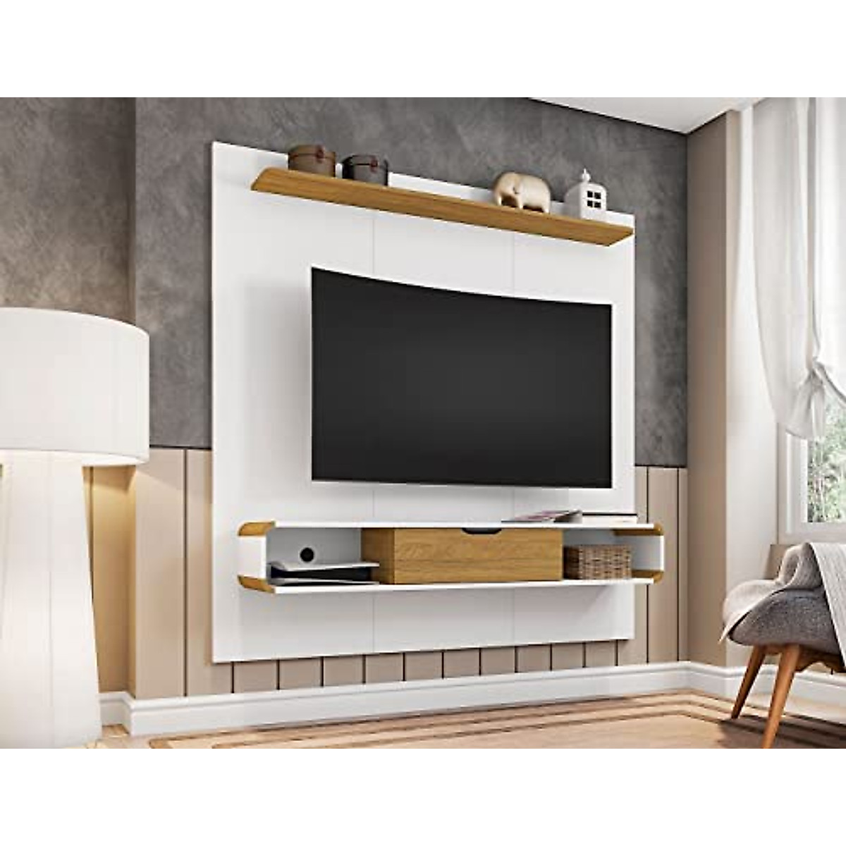 Manhattan Comfort Camberly 62.36" Floating Entertainment Center with 3 Shelves and Overhead Décor Shelf, White and Cinnamon