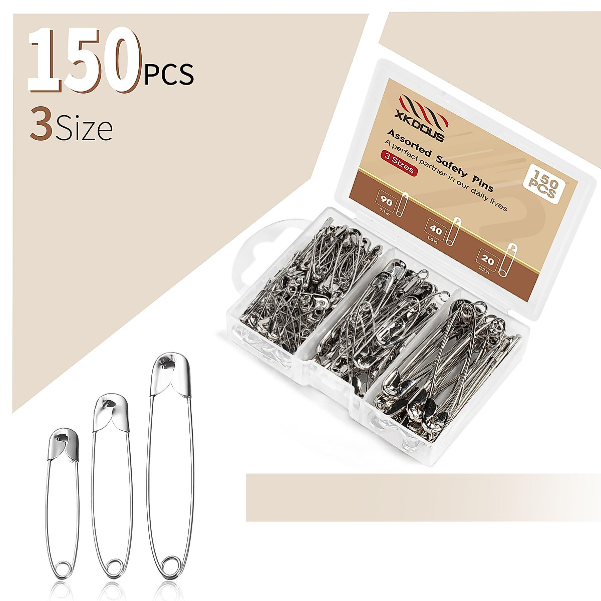 XKDOUS Safety Pins, 150 PCS Safety Pins Assorted, 3 Different Sizes Silver Safety Pins Bulk, Small Safety Pins, Large Safety Pins Heavy Duty for Clothes, Sewing, Craft