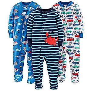 Simple Joys by Carter's Baby Boys' 3-Pack Snug Fit Footed Cotton Pajamas, Blue Sea Life/Navy Stripe/White Cars, 18 Months