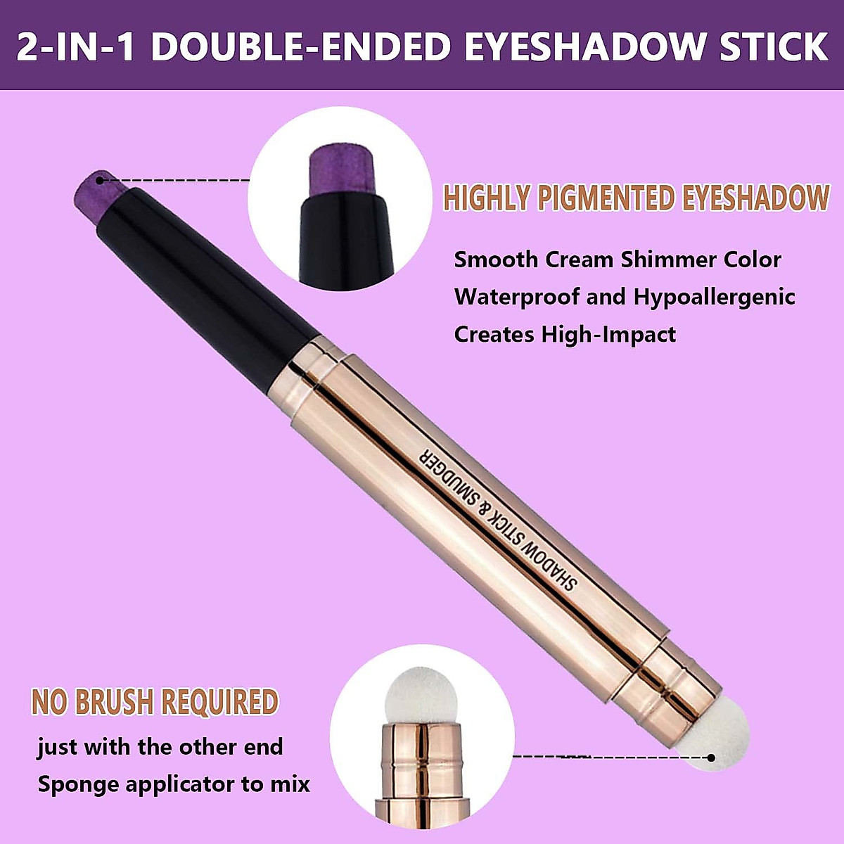 SAUBZEAN Purple Eyeshadow Stick Makeup, Highlighter Matte Cream Eye Shadow Pencil, Waterproof Hypoallergenic Long Lasting Crayon, Glitter Primer Palette Shimmer Eyeliner Pen wiht Soft Brush