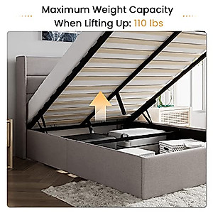 SHA CERLIN Queen Size Lift Up Storage Bed/Modern Wingback Headboard/Upholstered Platform Bed Frame/Hydraulic Storage/No Box Spring Needed/Wood Slats Support/Light Beige