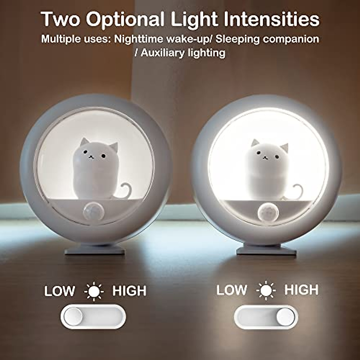 ALACRIS Cute Cat Motion Sensor Night Light (2 Pack), Cordless Rechargeable LED Night Light, Stick-Anywhere Closet Lights Stair Lights, Wall Lights for Hallway, Bedroom, Kids Room