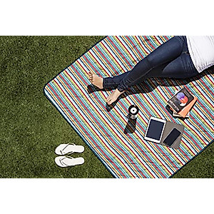ONIVA - a Picnic Time brand - Vista Outdoor Picnic Blanket & Tote - Beach Blanket - Camping Blanket, (Fun Stripe Pattern with Aqua Blue Exterior)