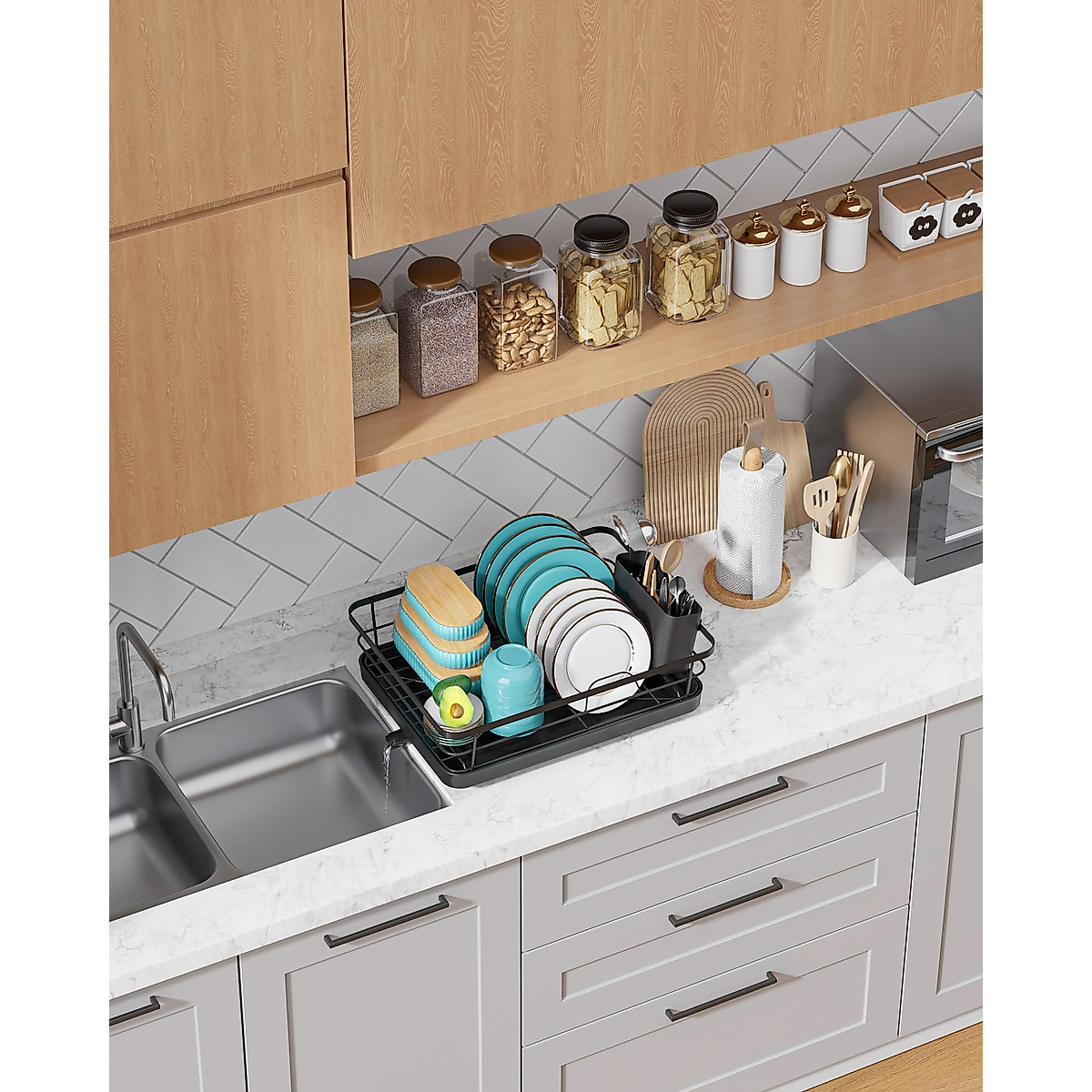 Sakugi Dish Drying Rack - Compact Dish Rack for Kitchen Counter with a Cutlery Holder, Durable Stainless Steel Kitchen Dish Rack for Various Tableware, Dish Drying Rack with Easy Installation, Black