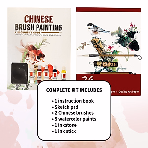 SpiceBox Masterclass Chinese Brush Painting Kit for Adults, DIY Learn to Paint Arts and Crafts Hobby Set, Includes Watercolor Paints, Book, Paintbrushes, Ink Stone, Ink Stick, Sketch Pad